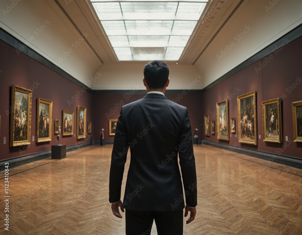 Man in formal suit observing classical paintings in an art gallery with ...