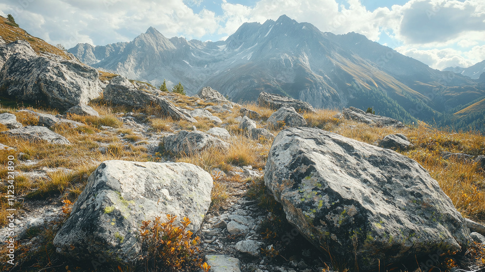 Rocky terrain meets bare ground, stone formations in nature, mountain ...