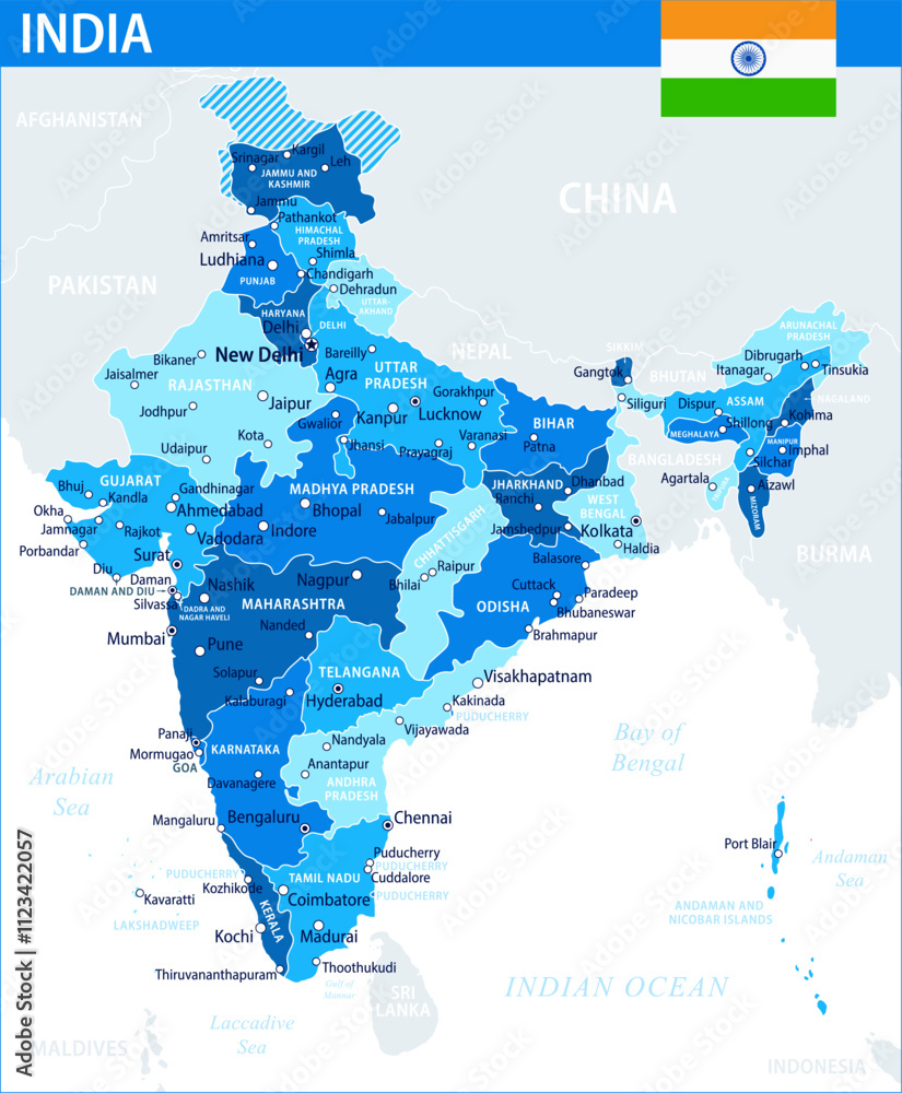 India Map Vector Blue Spot - Customizable layered political map of ...