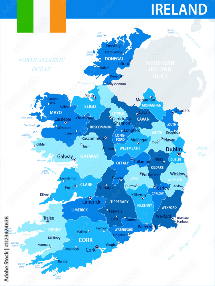Ireland Map Vector Blue Spot - Customizable layered political map of ...