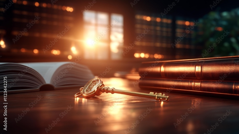 Brass Key on Law Office Desk with Law Books and Clock in the Background ...