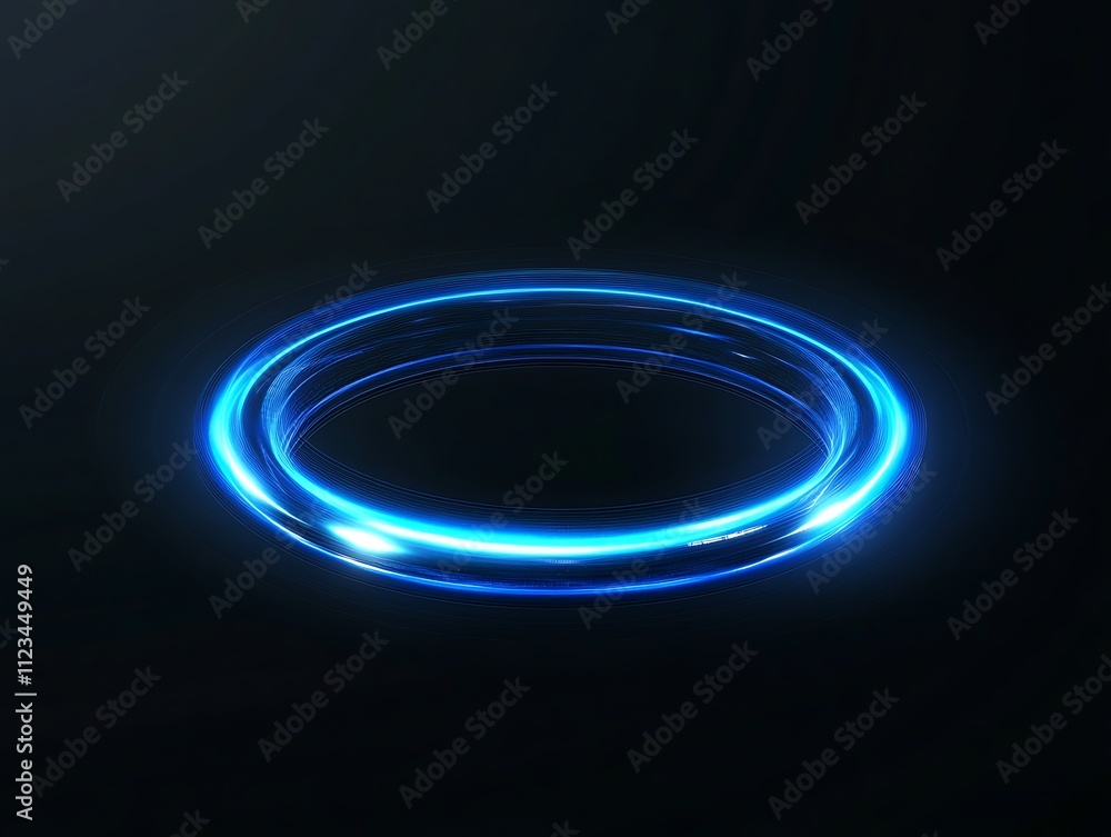 Futuristic glowing blue ring with a radiant light effect on a black ...