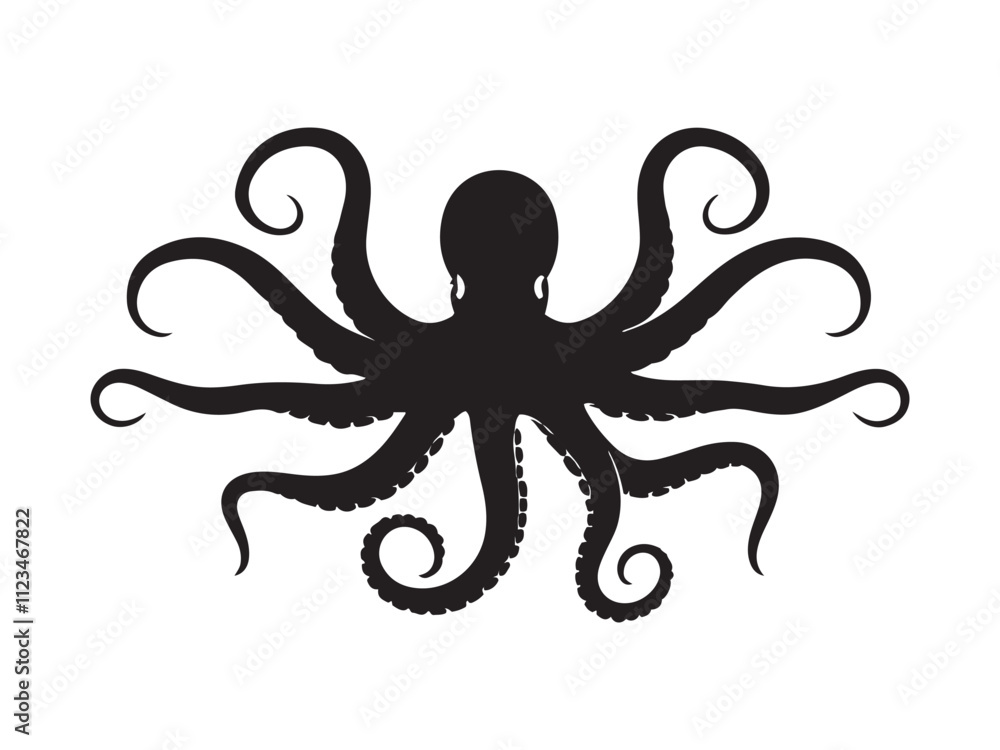 Octopus extending its tentacles silhouette vector art black color ...