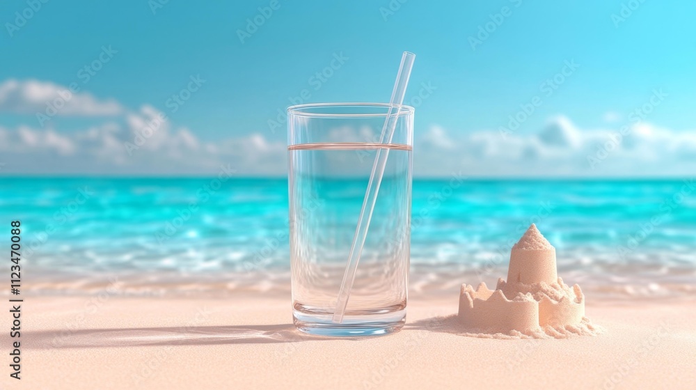 Plastic straw on a beach with clear water and gentle waves promoting ...