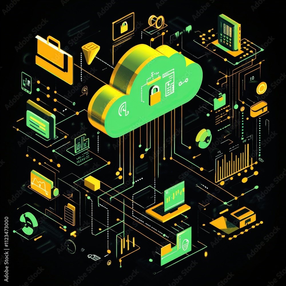The image depicts a cloud computing concept with interconnected devices ...