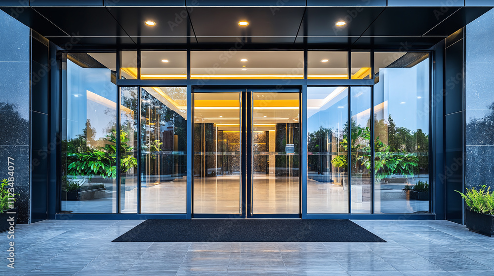 Hotel entrance with glass door, building grand hall welcomes guests ...