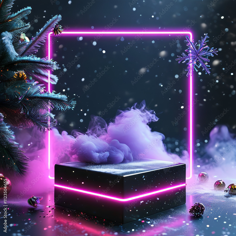 christmas decorated product display podium mock up, futuristic product ...