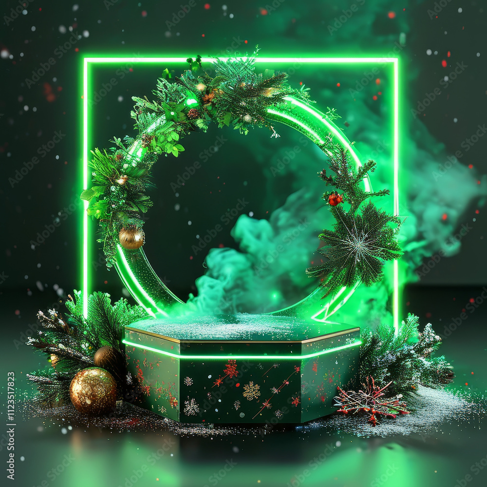 christmas decorated product display podium mock up, futuristic product ...