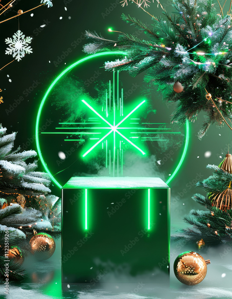 christmas decorated product display podium mock up, futuristic product ...