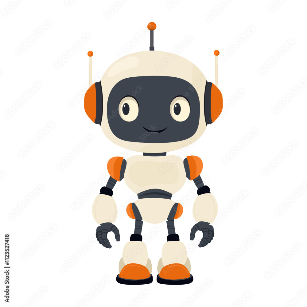 Сheerful cartoon AI robot on white isolated background. Future AI robot ...