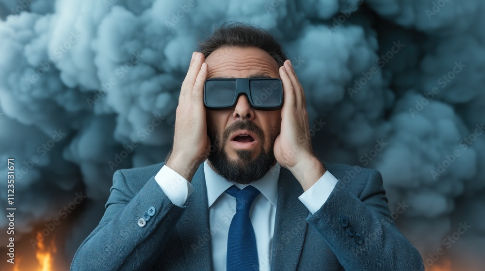 businessman wearing sunglasses and a suit stands with his hands on his ...