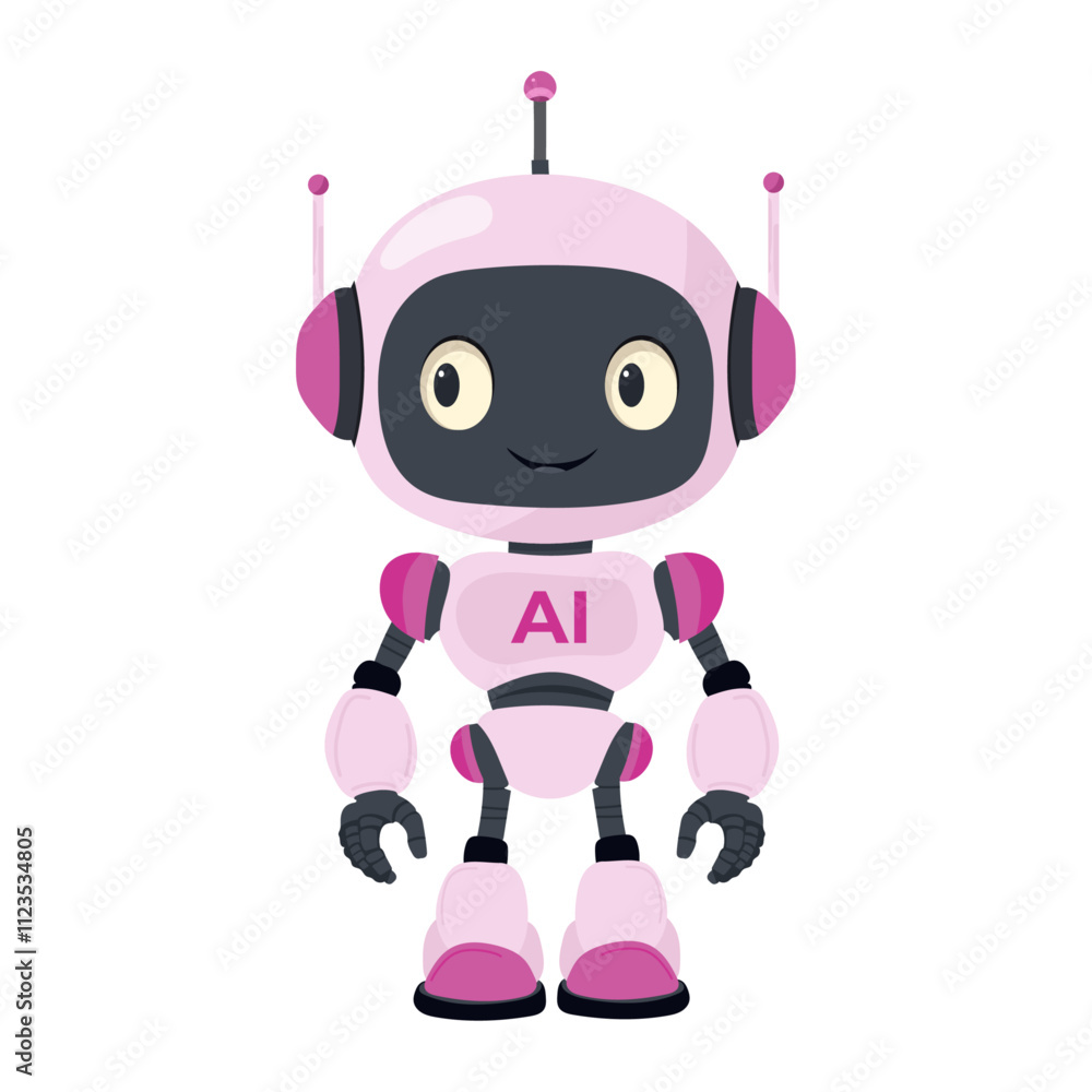 Friendly pink AI robot with futuristic design on white background. Cute ...