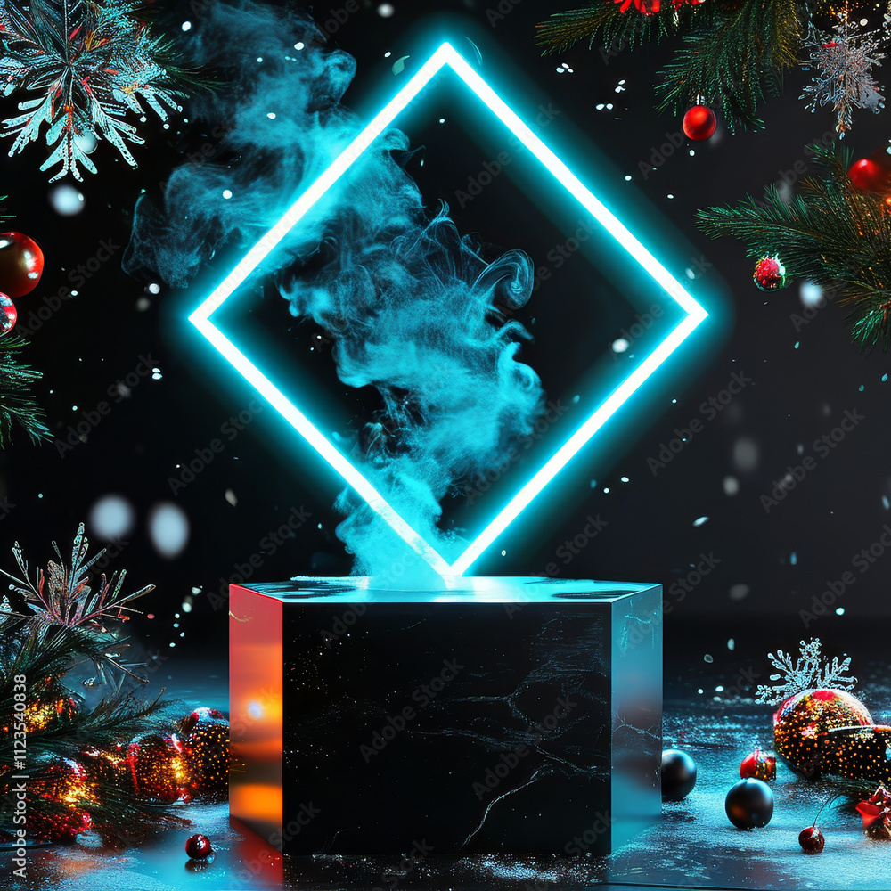 christmas decorated product display podium mock up, futuristic product ...