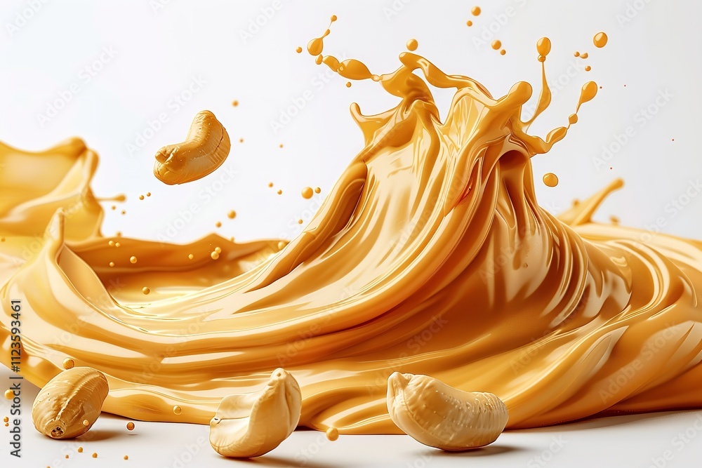 Peanuts strewn around a creamy peanut butter splash against a white ...
