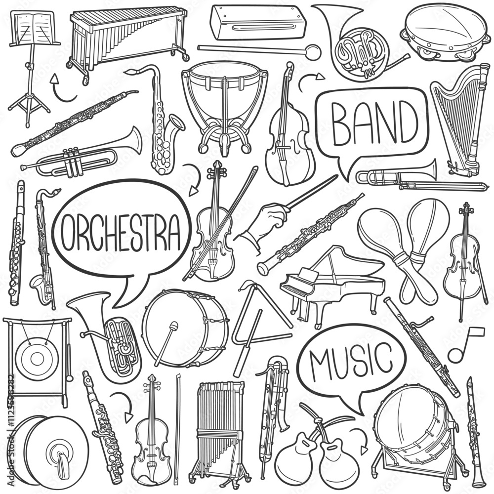 Orchestra Doodle Icons Black and White Line Art. Music Instruments ...