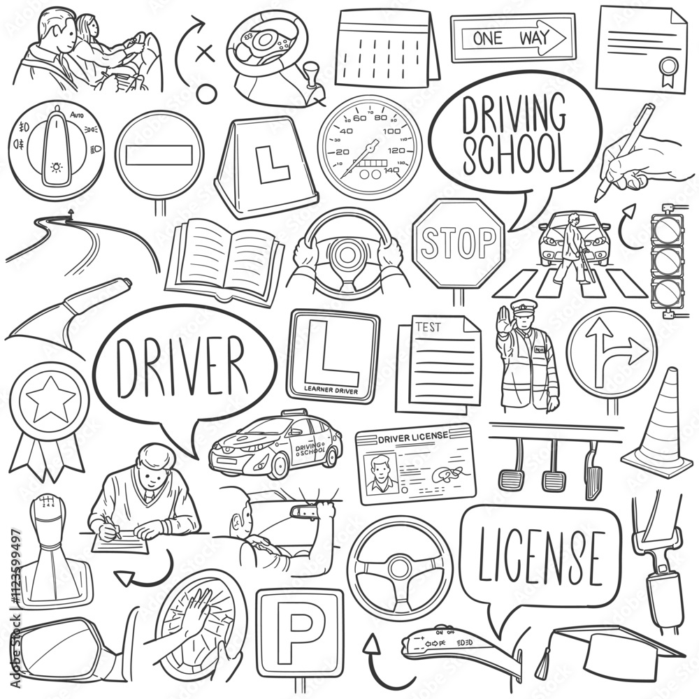 Driving School Doodle Icons Black and White Line Art. Drive Learner ...