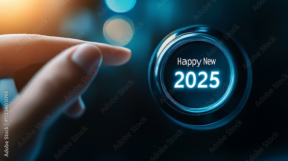 "Happy New Year 2025" displayed with a finger poised to twist the start button, which has "2025 ...