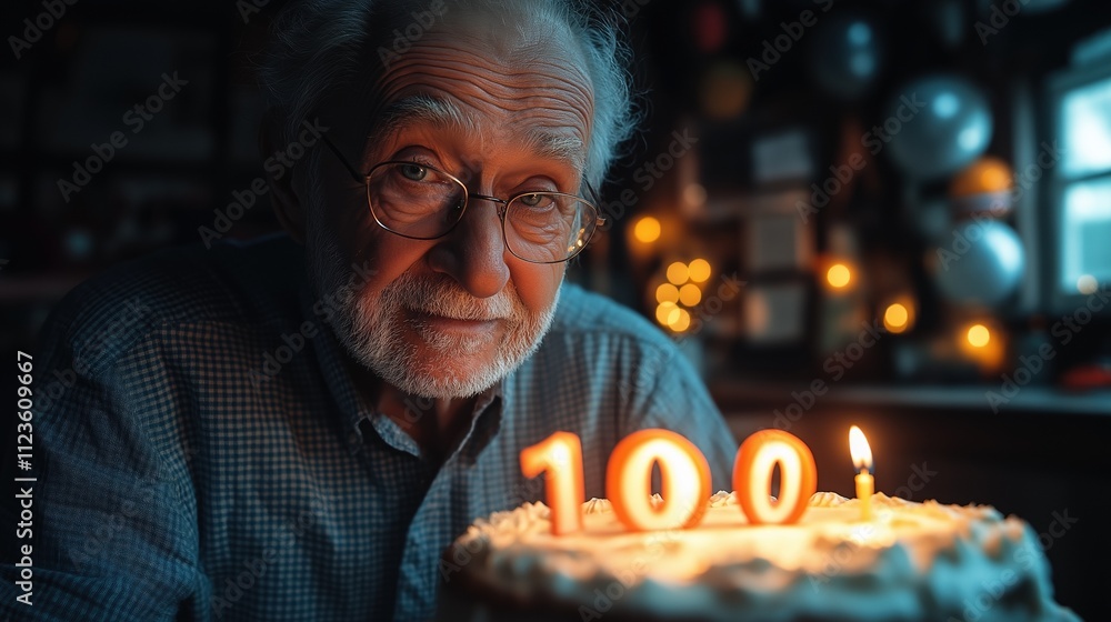 Centenarian celebration: elderly man with 100th birthday cake and ...