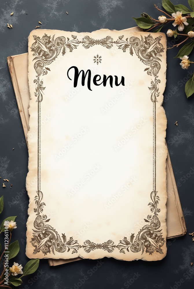 Ornate vintage menu design with floral border on aged paper. Menu ...