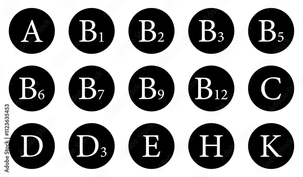 Set of multi vitamin complex vector icons black and white color ...