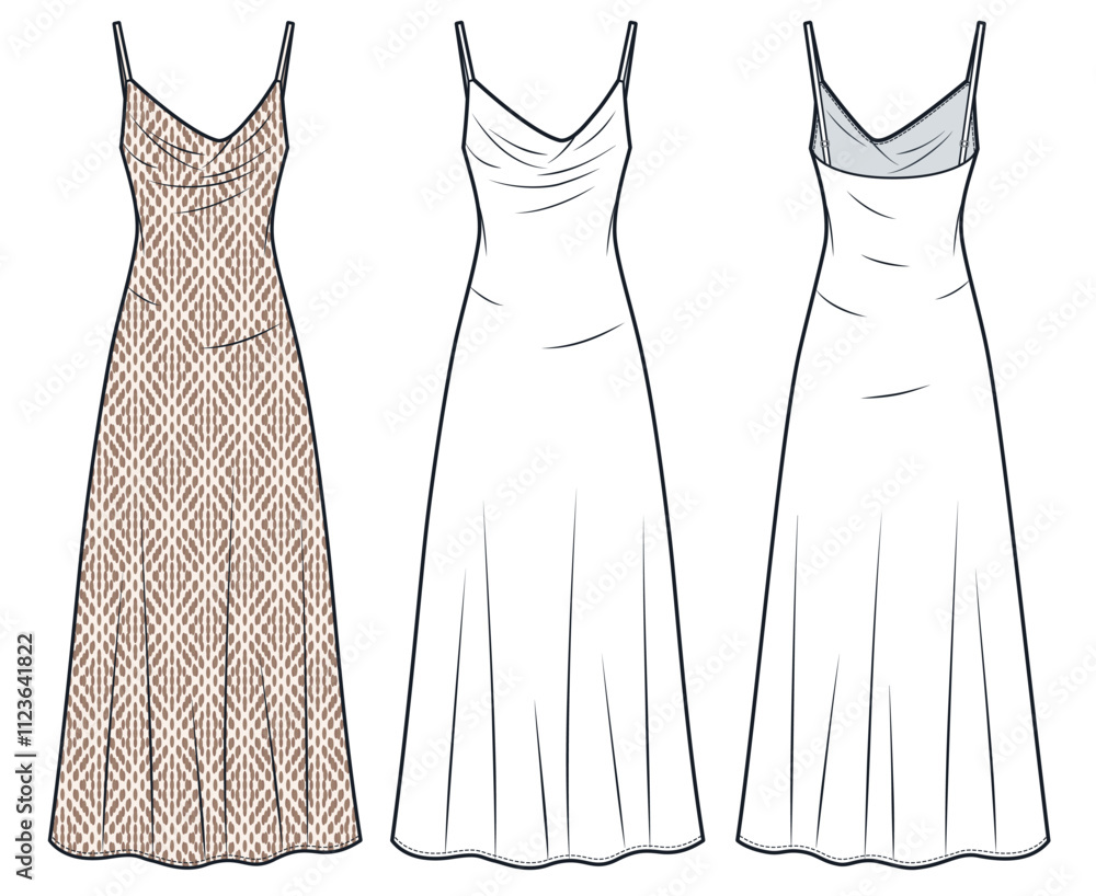 Slip Dress technical fashion illustration, geometrical pattern. Straps ...