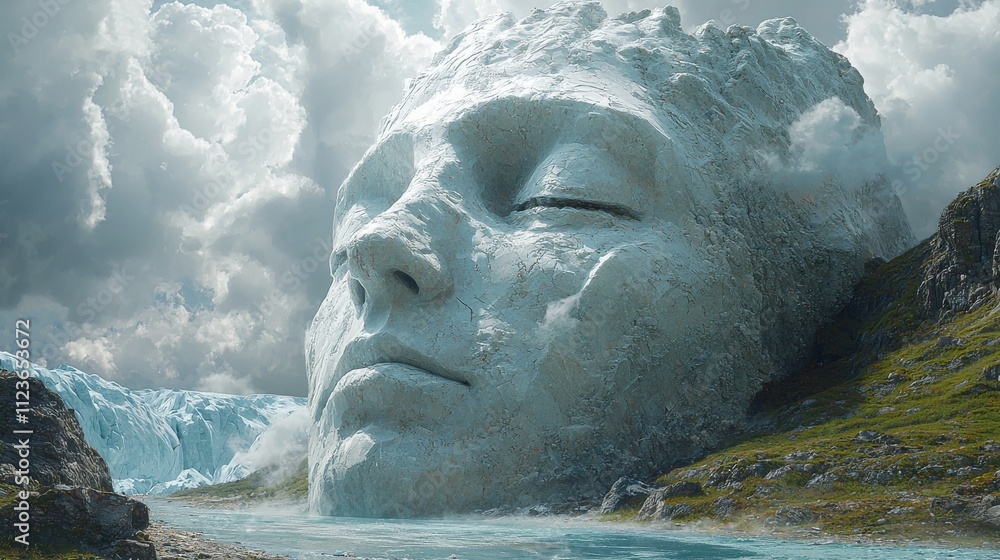 A surreal image of a melting, crying glacier, illustrating the effects ...
