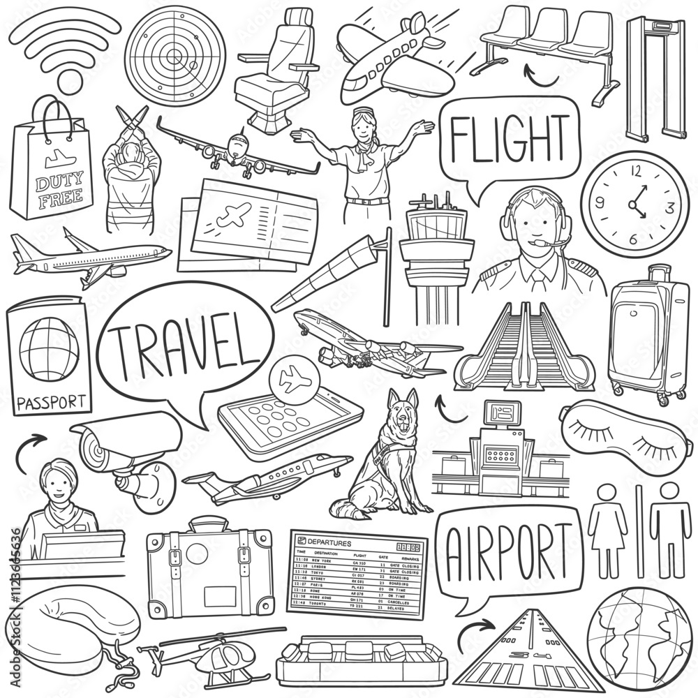 Airport Doodle Icons Black and White Line Art. Flight Clipart Hand ...