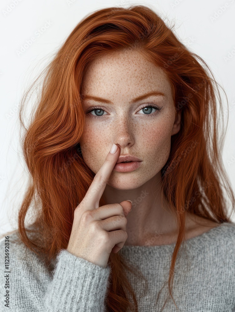 Portrait of serious red haired female with freckled skin, keeps fore ...