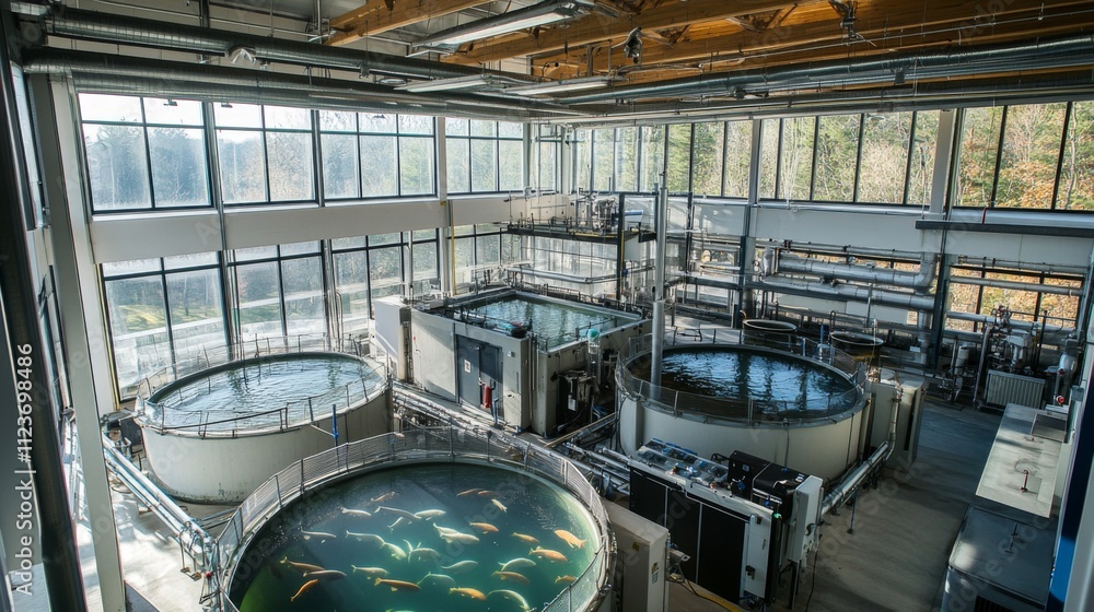 Aquaculture facility with large tanks containing various species of ...