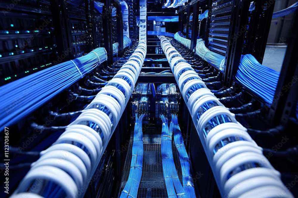 A futuristic server room with glowing blue and white cables running ...