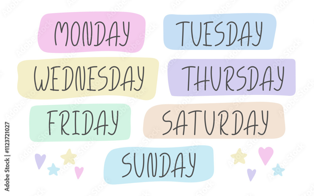 Hand drawn days of the Week names in doodle style. Cute playful ...
