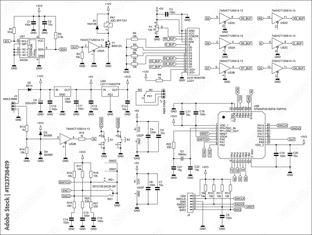 Schematic diagram of digital electronic device on paper sheet. Vector ...