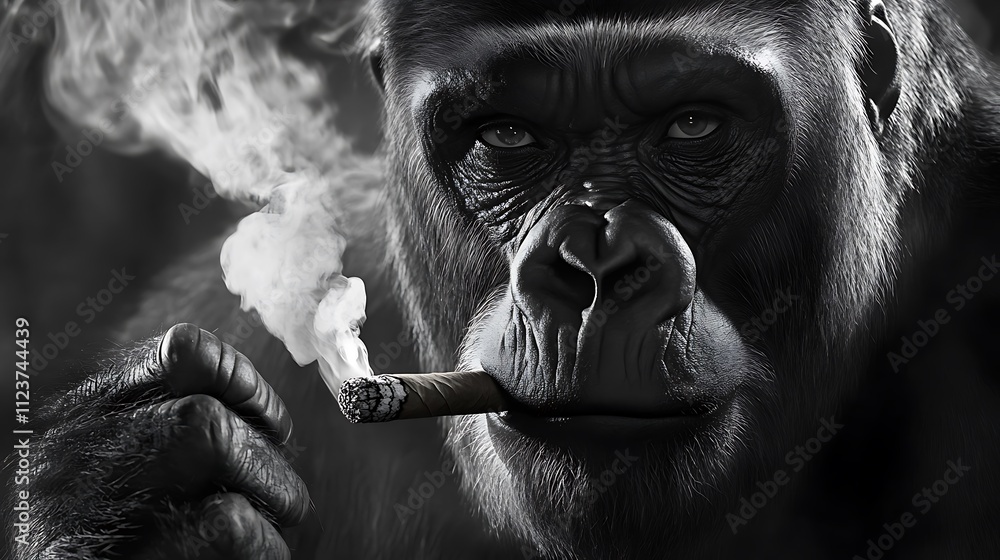 Gorilla smoking cigar designed in a bold graphic front view style image ...