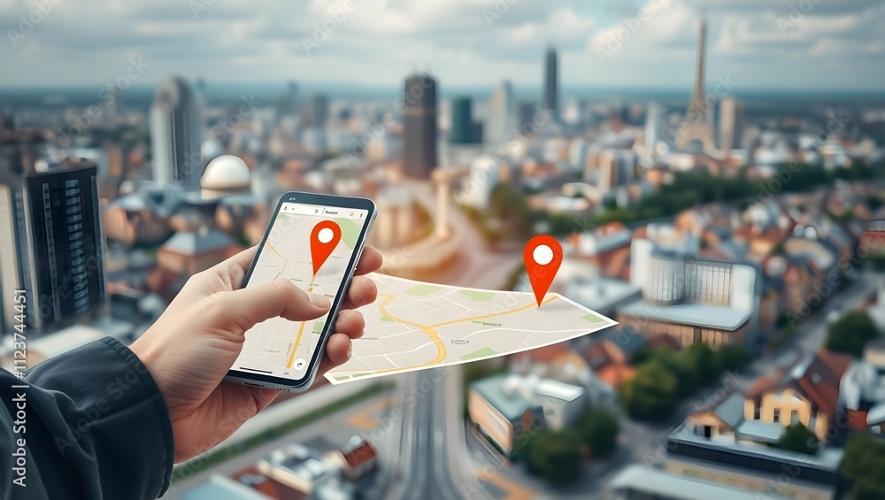 Person using a smartphone to navigate a city. A digital map with ...