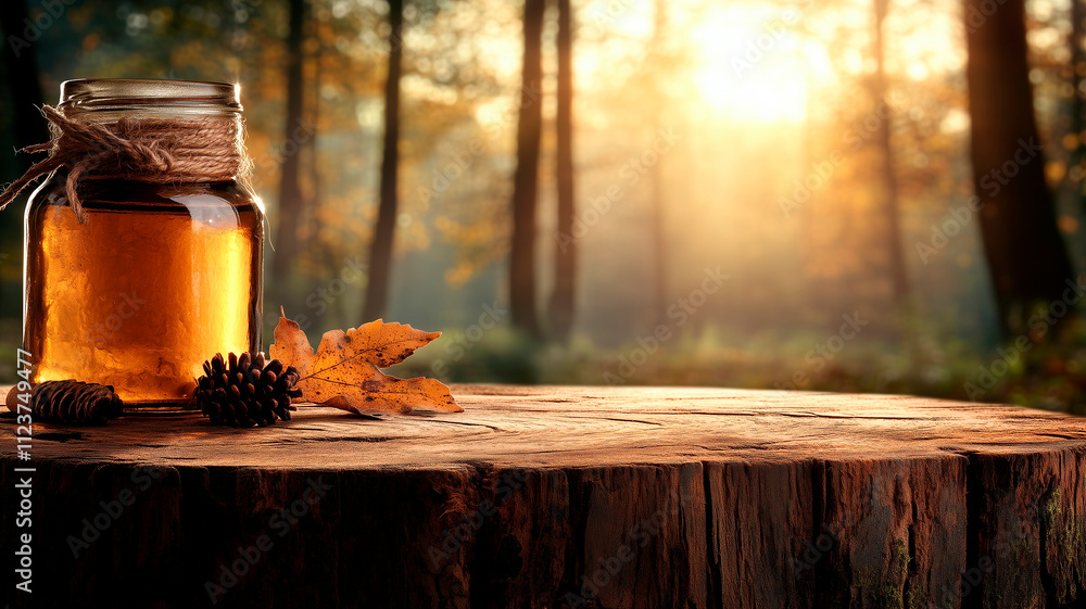 Wooden tabletop with forest glade background, honey. For product ...