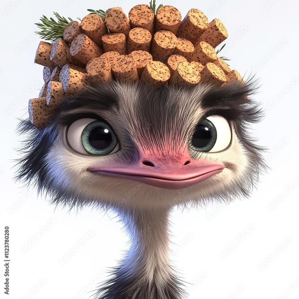 high realistic photo of cartoon emu wearing hat decorated with corks ...