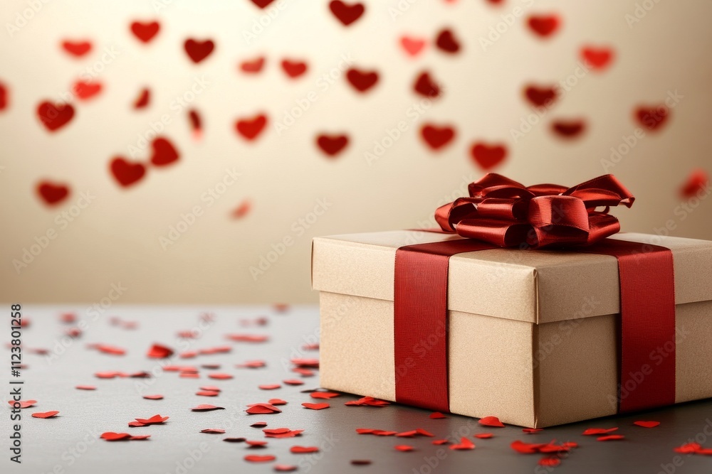 Una caja de regalo beige con un lazo rojo, rodeada de confeti en forma de corazones sobre un ...