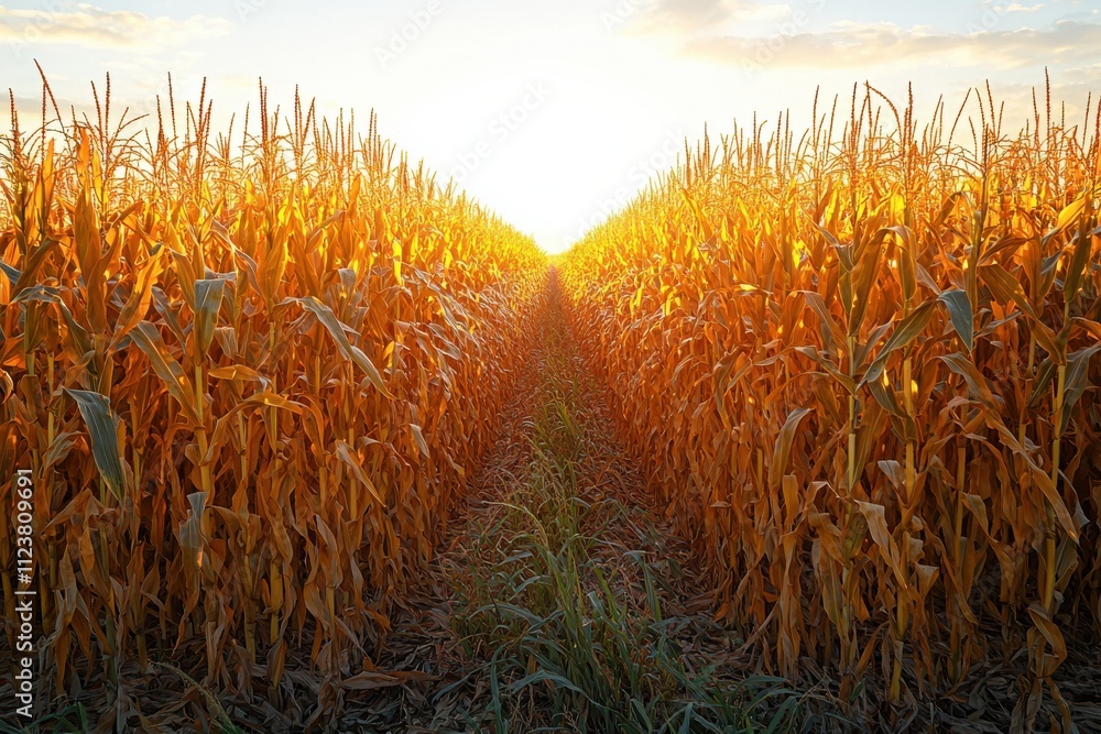 Golden cornfield at sunrise with vibrant colors highlighting the stalks ...