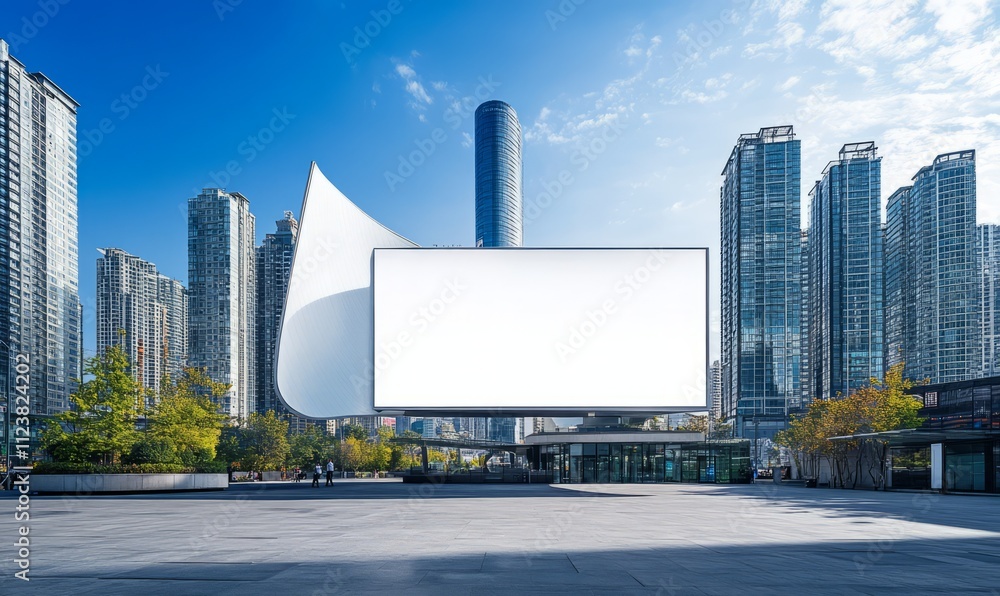 Empty horizontal billboard banner displayed in front of a modern ...