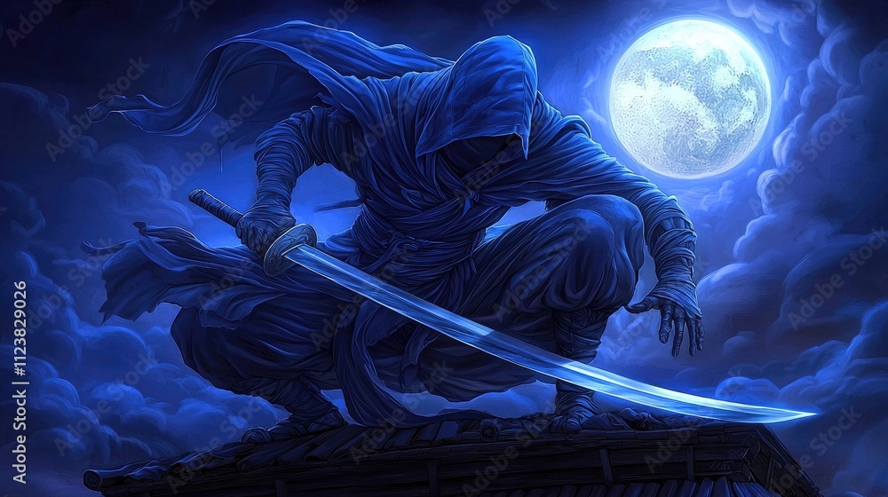 Ninja warrior in action under full moon fantasy art nighttime dramatic ...