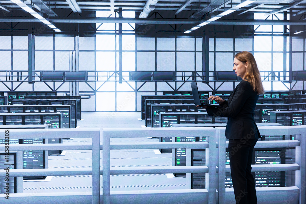 Engineer in data center checking rigs and infrastructure, doing maintenance. IT expert planning ...