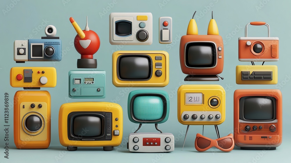 Collection of vintage electronic devices and gadgets in a pastel color ...