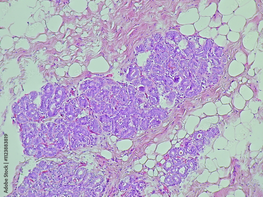 Human breast cell tissue under a microscope in a pathology laboratory ...