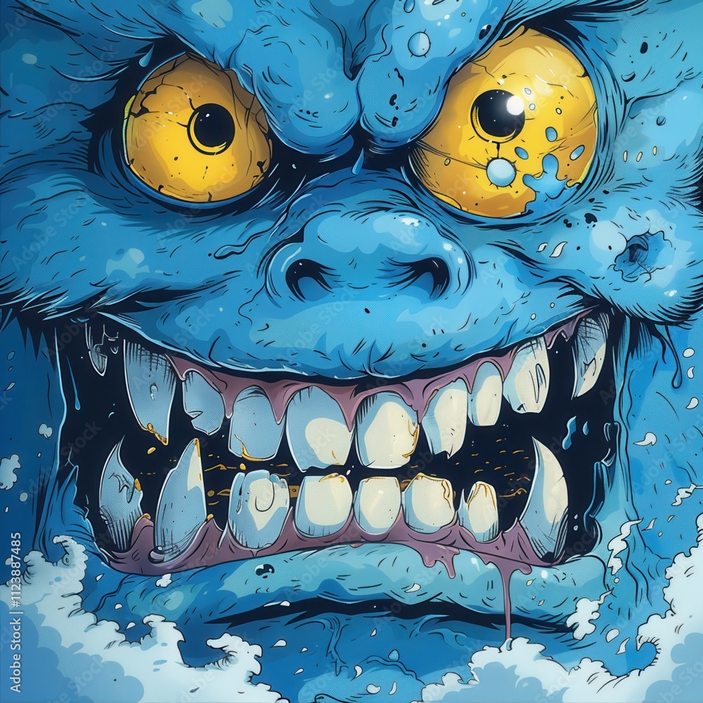 A vibrant cartoon monster character featuring a wide grin and bulging ...