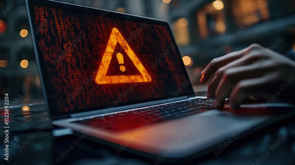 Laptop screen displaying a warning alert symbol, indicating a system ...