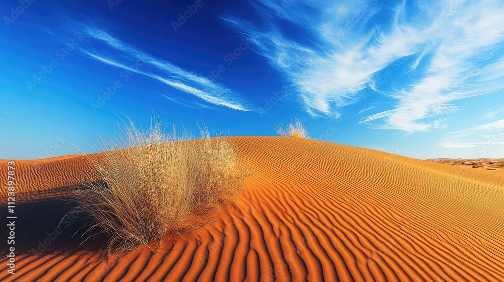 There is a desert where only sand is visible all around and the sky is ...
