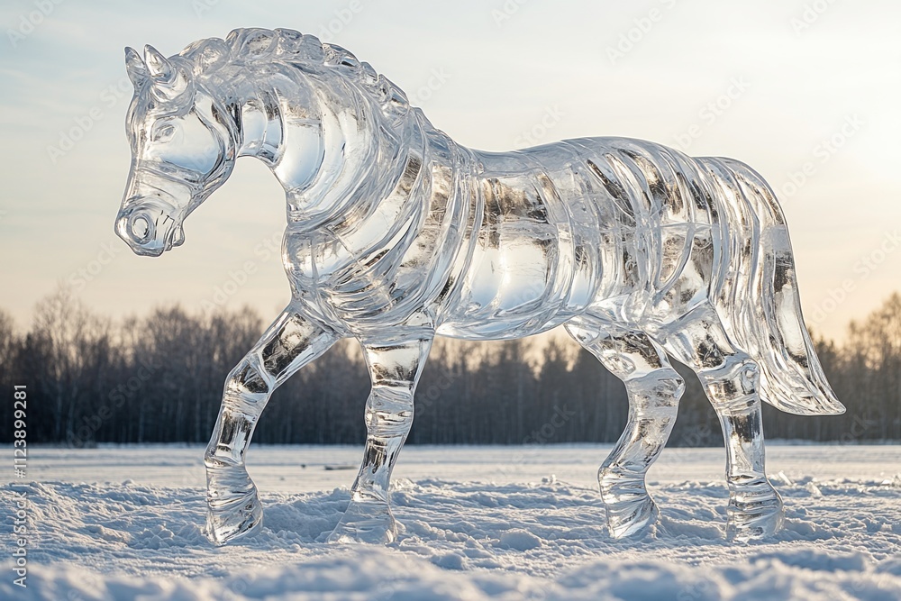 Majestic ice sculpture of horse in winter landscape, showcasing ...