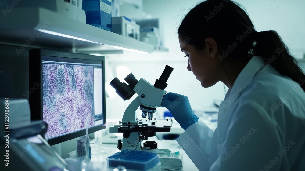 A clinical pathologist examining tissue samples in a diagnostic ...