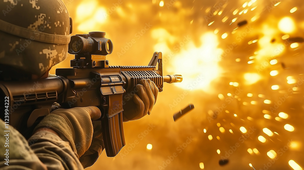Soldier firing assault rifle with muzzle flash and explosions in ...