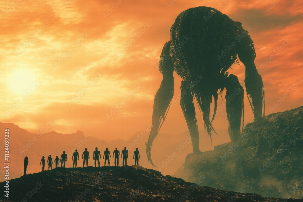 Epic battle against a giant creature alien landscape digital art sci-fi ...